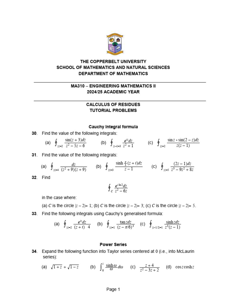 MA310 - Calculus of Residues - Tutorial Problems - 2025 | PDF | Complex Analysis | Mathematical ...