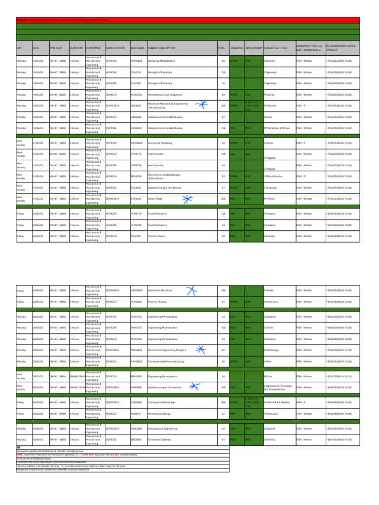 DMME Assessment FISA Timetable V2 2025 | PDF | Engineering | Mechanical ...