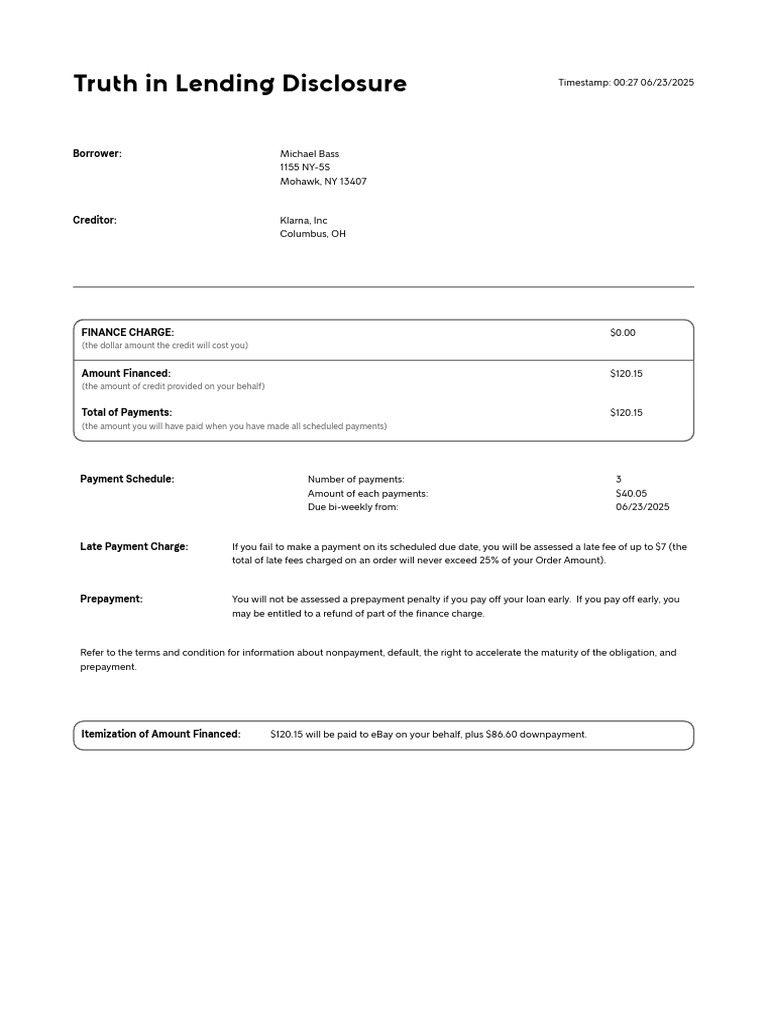 Truth in Lending Disclosure | PDF
