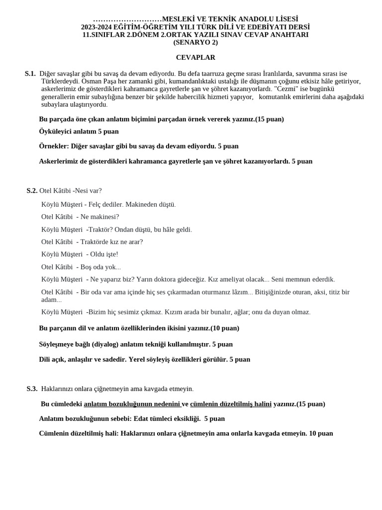 11.sinf 2023-2024 Tde Ortak Sinav 2.dönem 2.sinav Cevap Anahtari | PDF