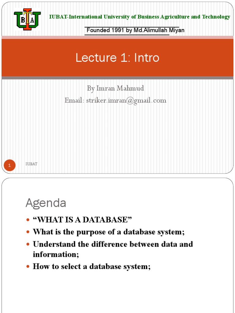 Lecture 1: Intro: by Imran Mahmud | PDF | Relational Database | Information Technology Management