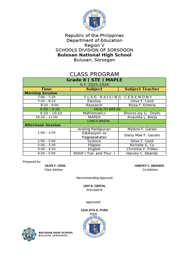 Class Program Teachers Program Sample Template | PDF | Philippines