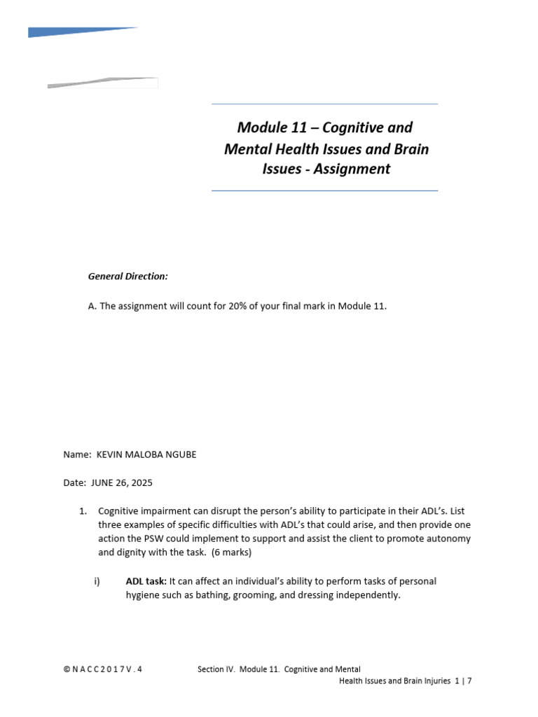 Assignment 1 Done - Module 11 Cognitive Impairment-I Done | PDF ...