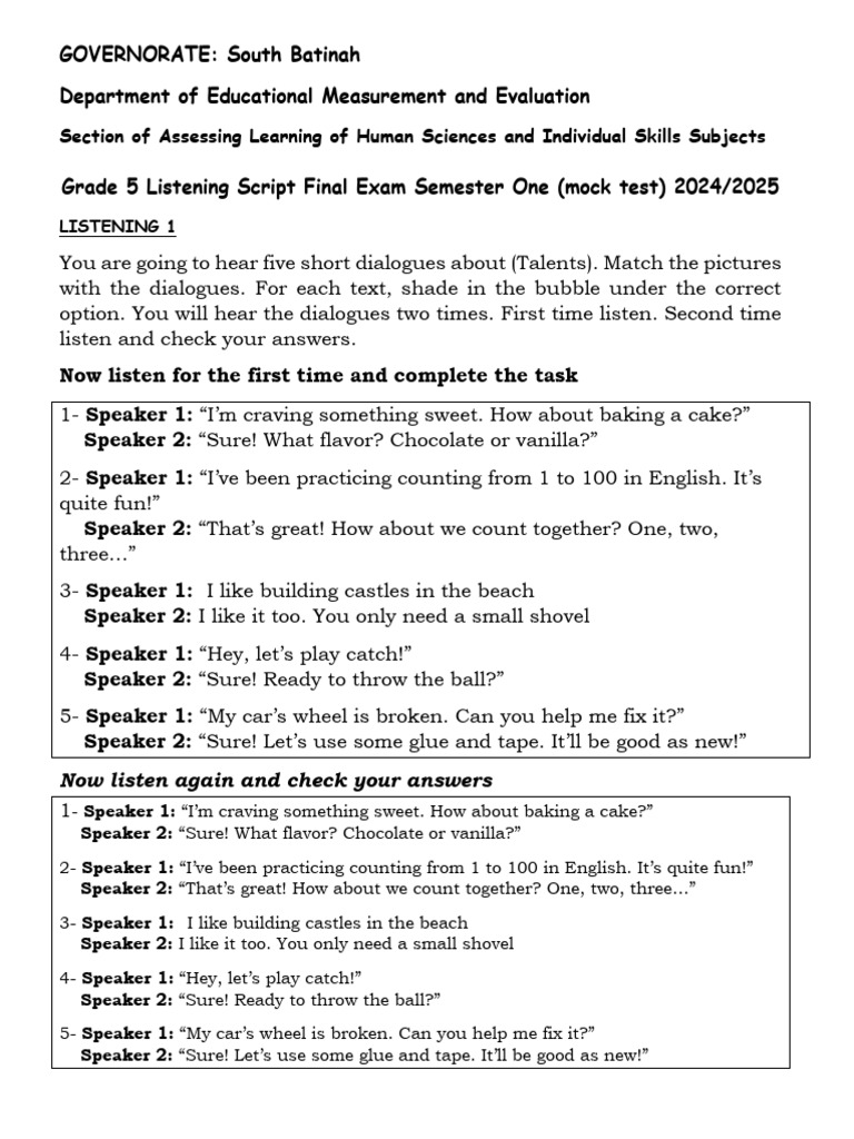 Grade 5 Listening Exam Script 2024/25 | PDF | Planets | Bodies Of The ...