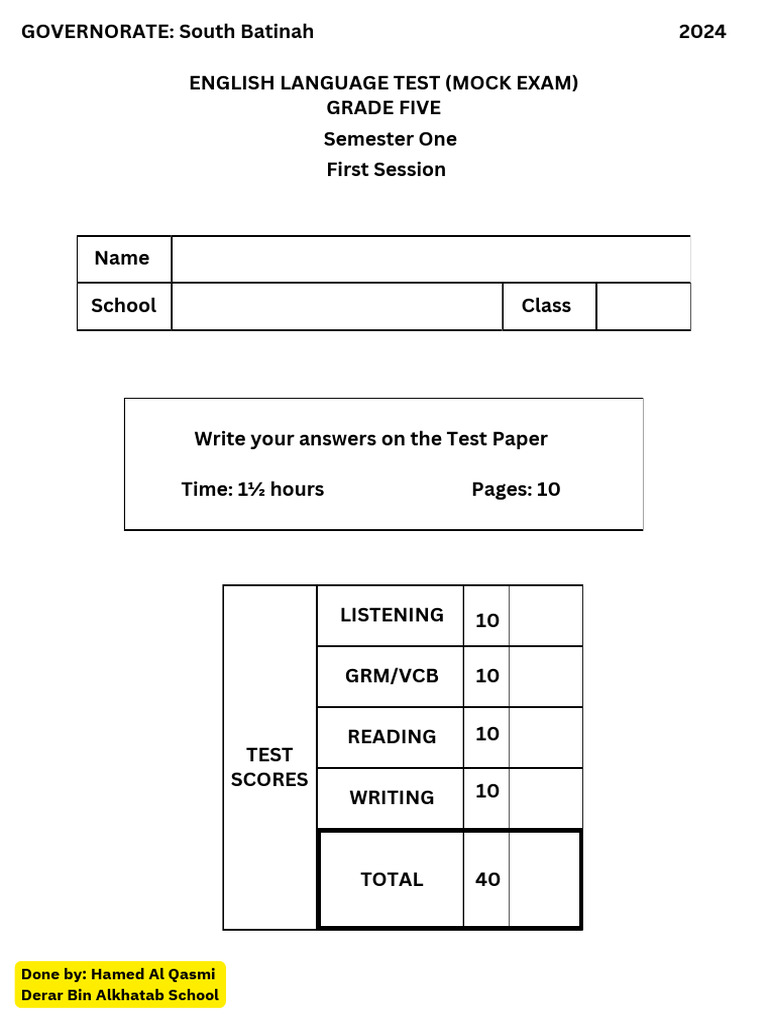 Grade 5 English Mock Exam 2024 | PDF