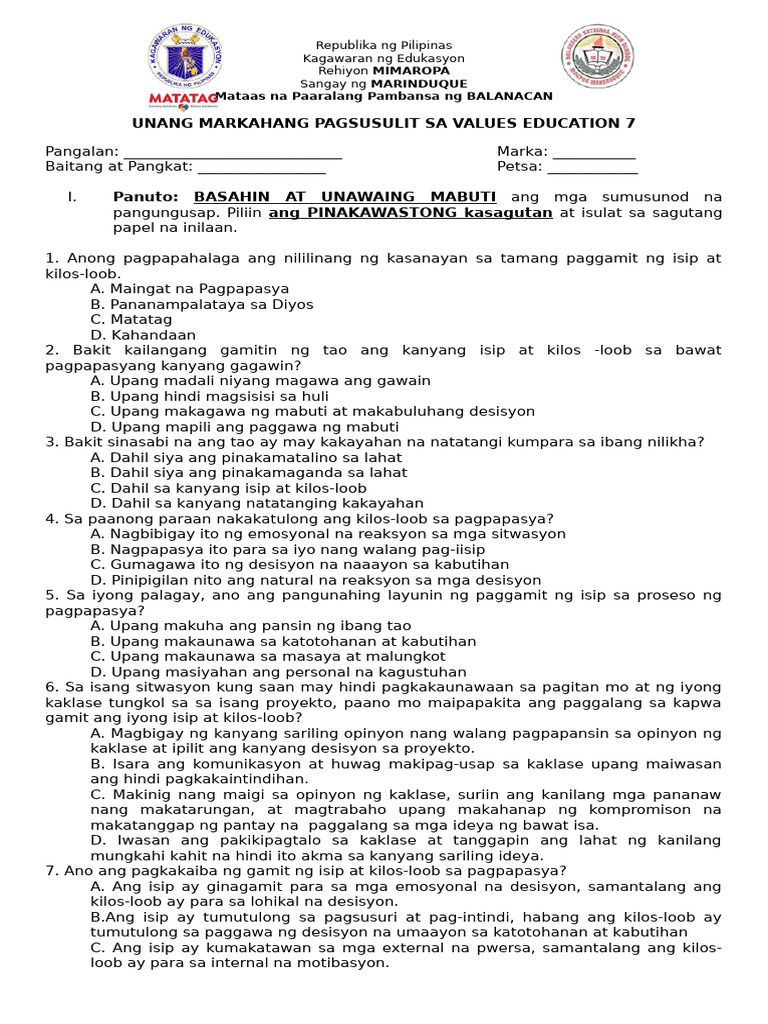 Values Ed. - Matatag For Print | PDF