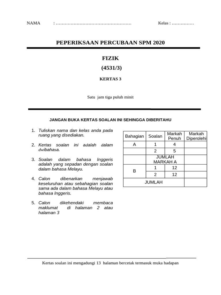 Fizik (K3) Percubaan SPM 2020 | PDF