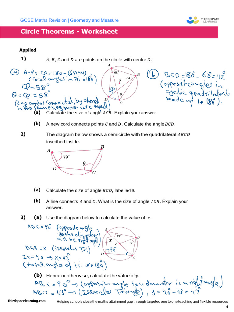 Circle Theorems Worksheet & Answers | PDF | Circle | Mathematics