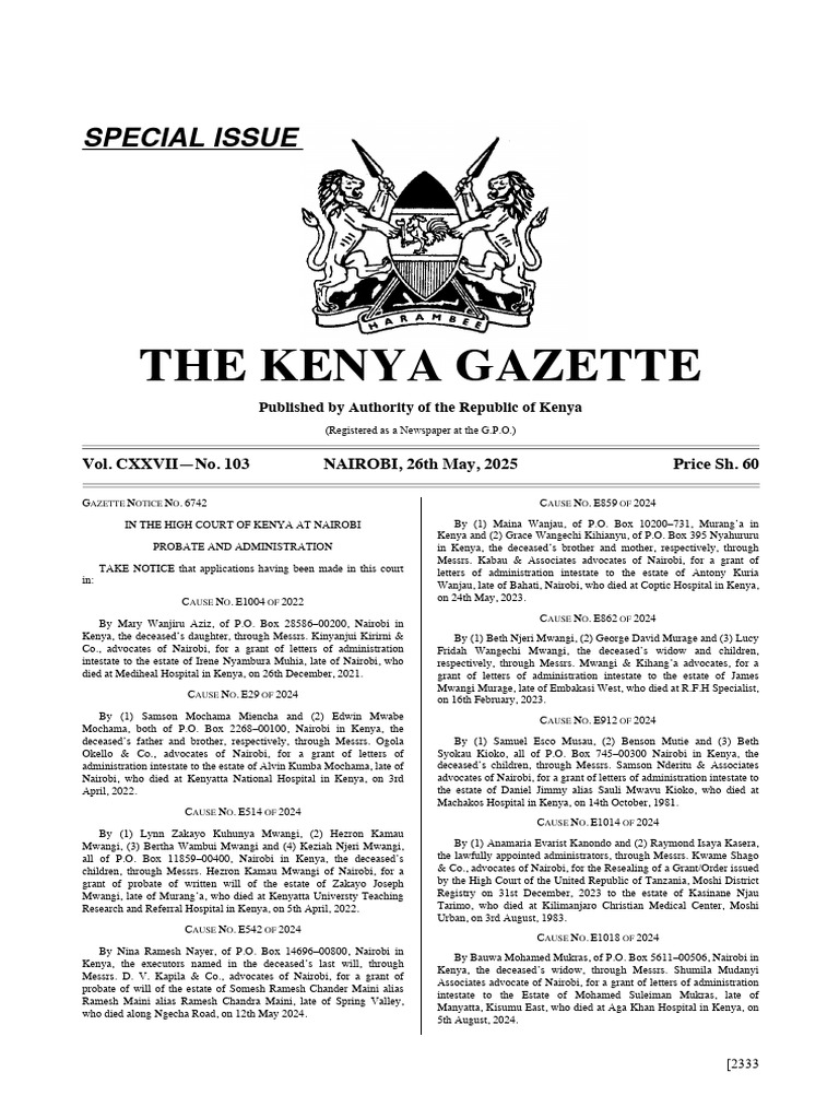 Kenya Gazette: Probate Notices 2025 | PDF | Probate | Nairobi