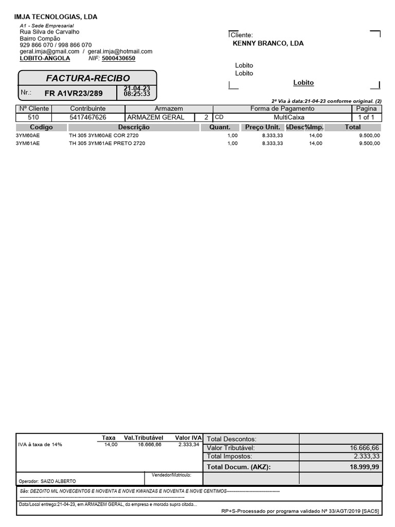 Fatura Recibo FR A1vr23 - 289 - Kenny Branco, Lda | PDF | Impostos | Pagamentos