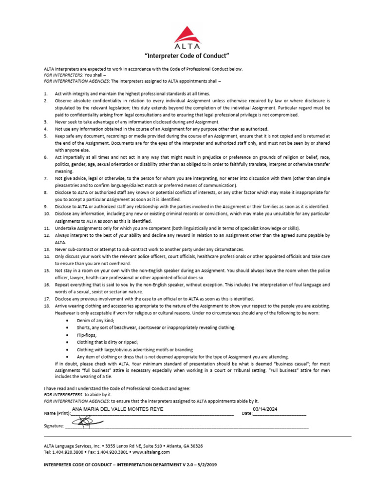 ALTA Interpreter Code of Conduct | PDF | Justice | Crime & Violence
