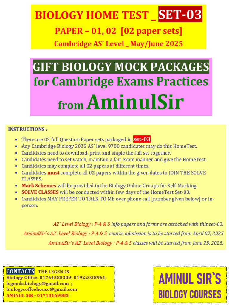 As Level 2025 Biology Home Test Set 03 Aminulsir | PDF | Zygosity | Antigen