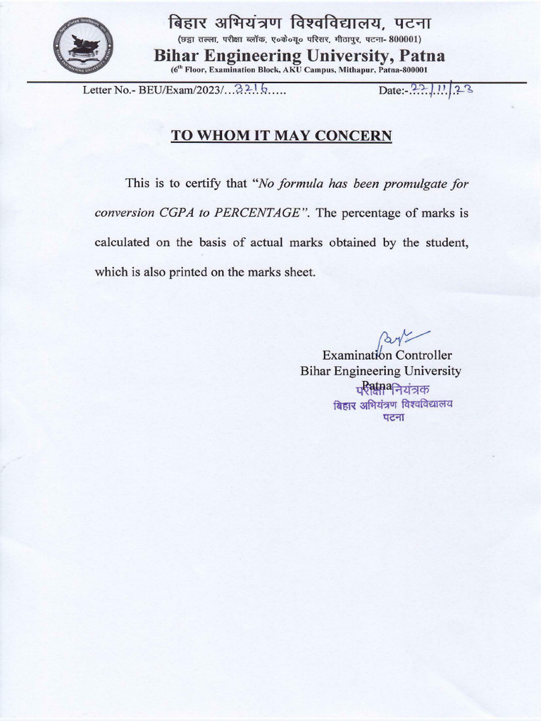 Formula For CGPA To Percentage by BEU | PDF