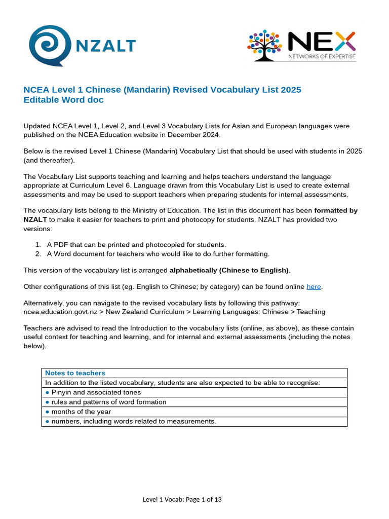 NCEA Level 1 Chinese Vocabulary List | PDF | Vocabulary | Chinese Language