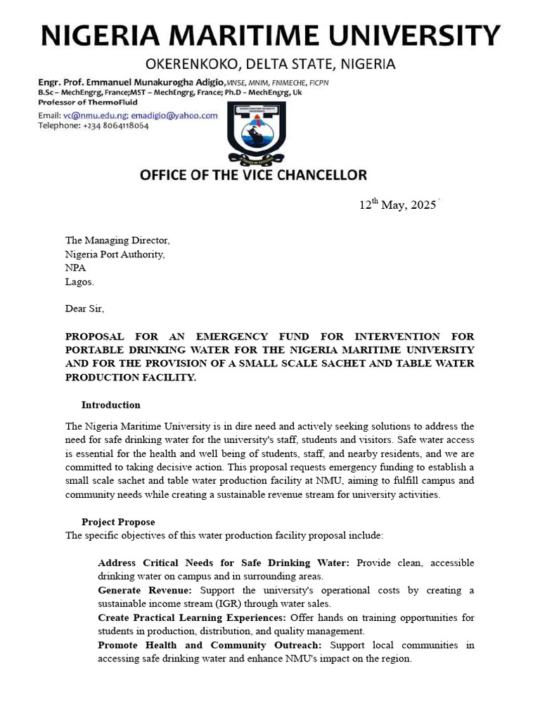 Proposal For An Emergency Fund For Intervention For Portable Drinking ...