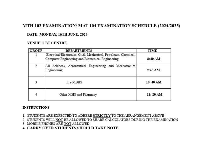 MTH 102 Examination Schedule 2025 | PDF