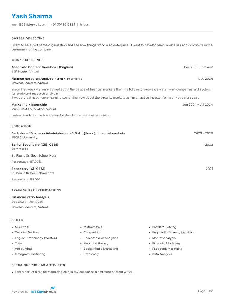 YashSharma InternshalaResume-1 | PDF