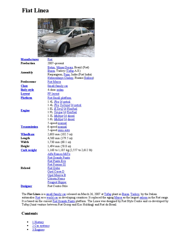 Fiat Linea Overview and Specifications | PDF | Vehicle Parts | Wheeled ...