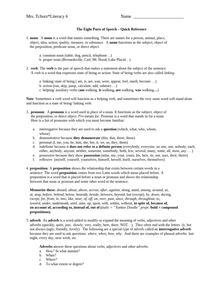 Parts of Speech Reference Guide | PDF | Adverb | Verb