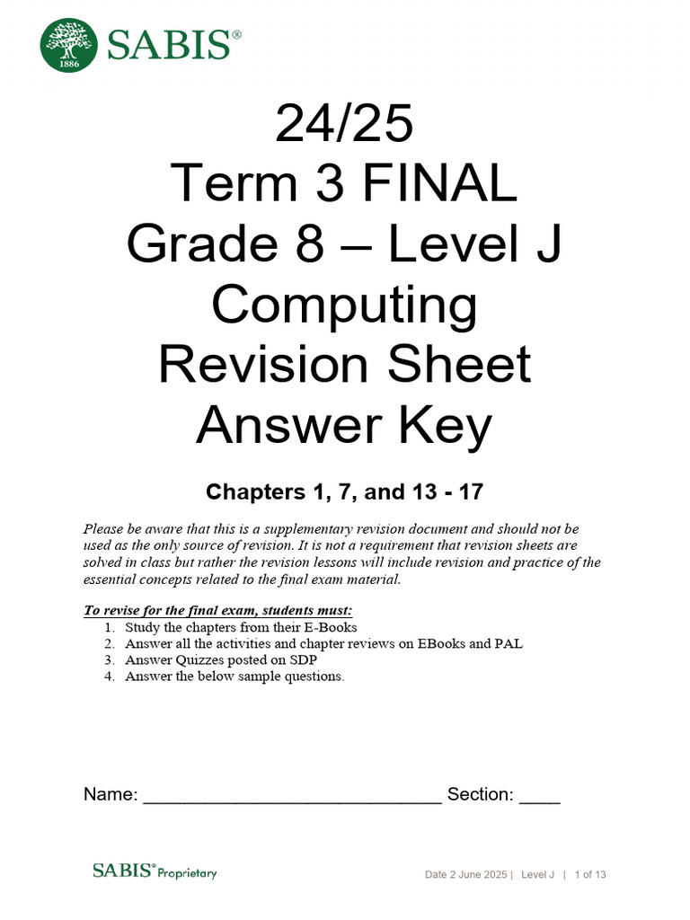 2425 Term 3 Final Grade 8 Computing Revision Sheet AK (1) | PDF ...