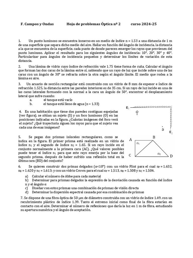 Problemas Hoja2 | PDF | Refracción | Atómico