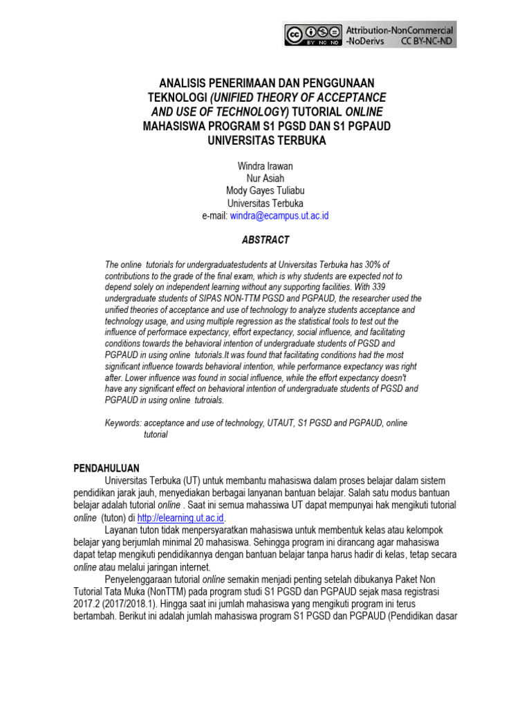 Analisis Penerimaan Dan Penggunaan Teknologi Tutorial Mahasiswa Program S1 PGSD Dan S1 Pgpaud ...