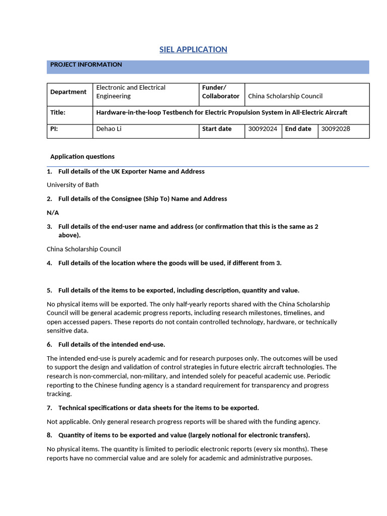 Export Licence Application - Bath - Dehao Li | PDF