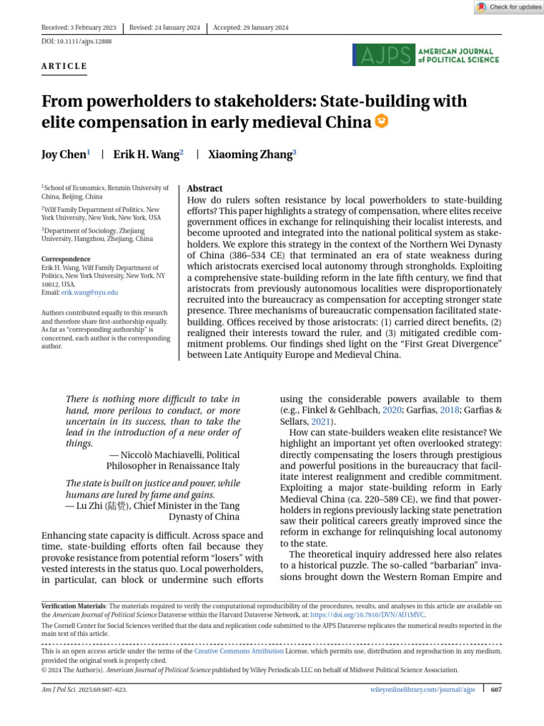 American J Political Sci - 2024 - Chen - From Powerholders To Stakeholders State Building With ...