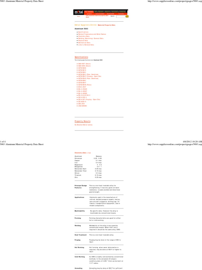 5083 Aluminum Material Property Data Sheet | PDF | Sheet Metal | Alloy