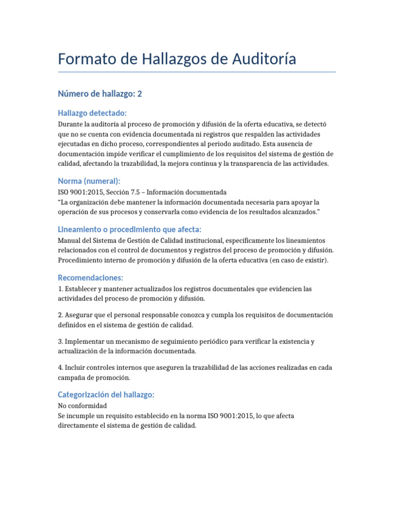 Formato Hallazgo 2 | PDF