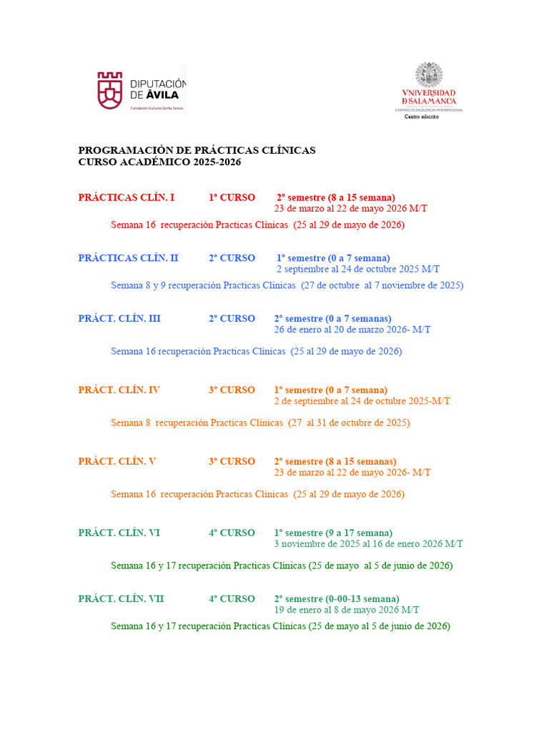 Prácticas Clínicas 2025-2026: Fechas y Recuperaciones | PDF