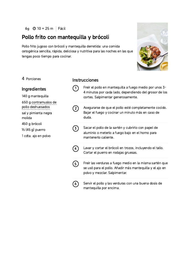 Pollo Frito Con Mantequilla y Brócoli - Receta Keto - Diet Doctor | PDF