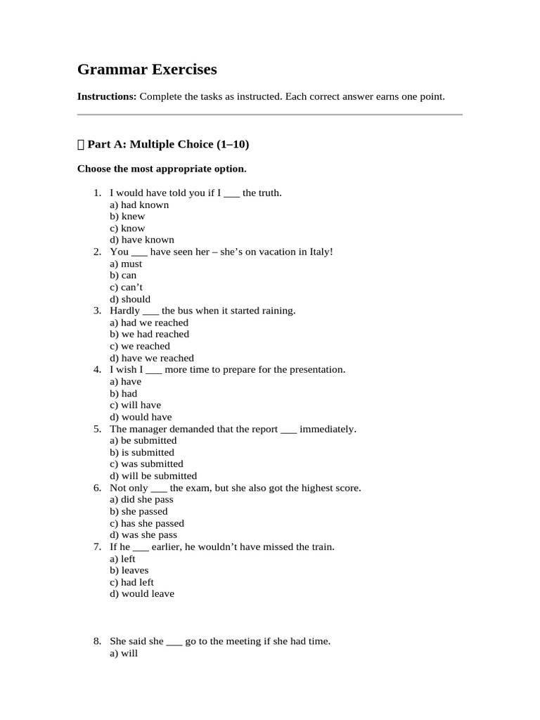 B2 Level Grammar Exercises with Answers | PDF | Linguistic Typology ...