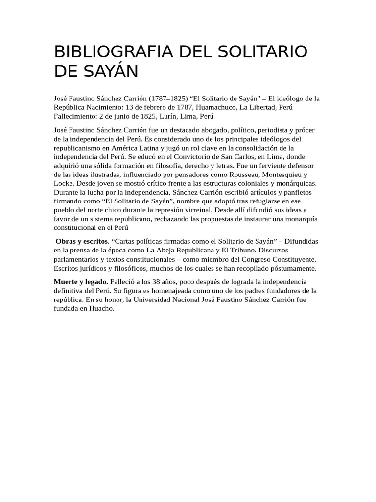 BIBLIOGRAFIA DEL SOLITARIO DE SAYÁN | PDF