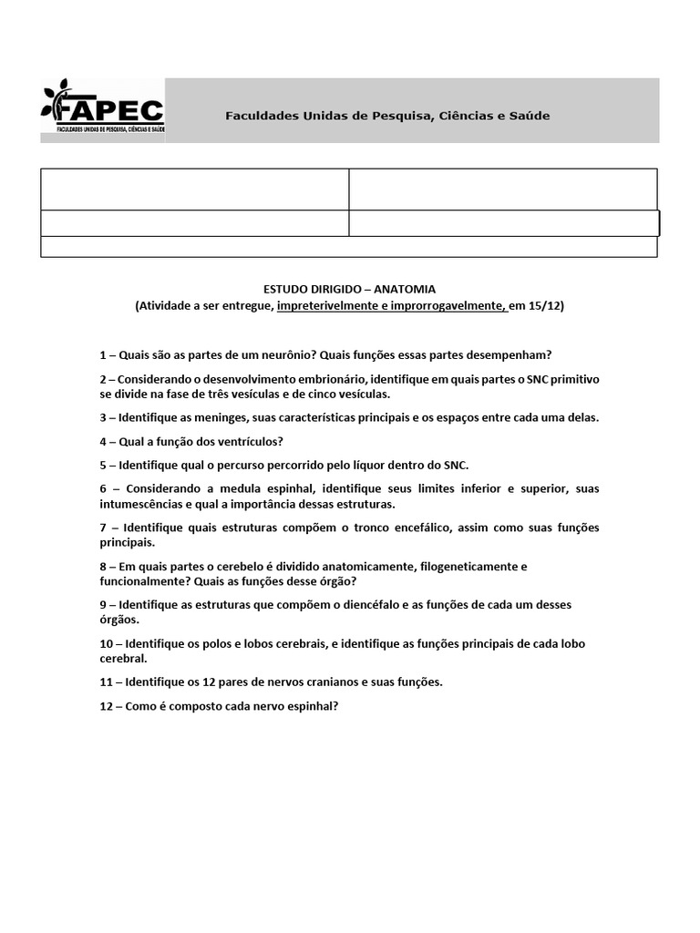 Estudo Dirigido: Anatomia do SNC | PDF