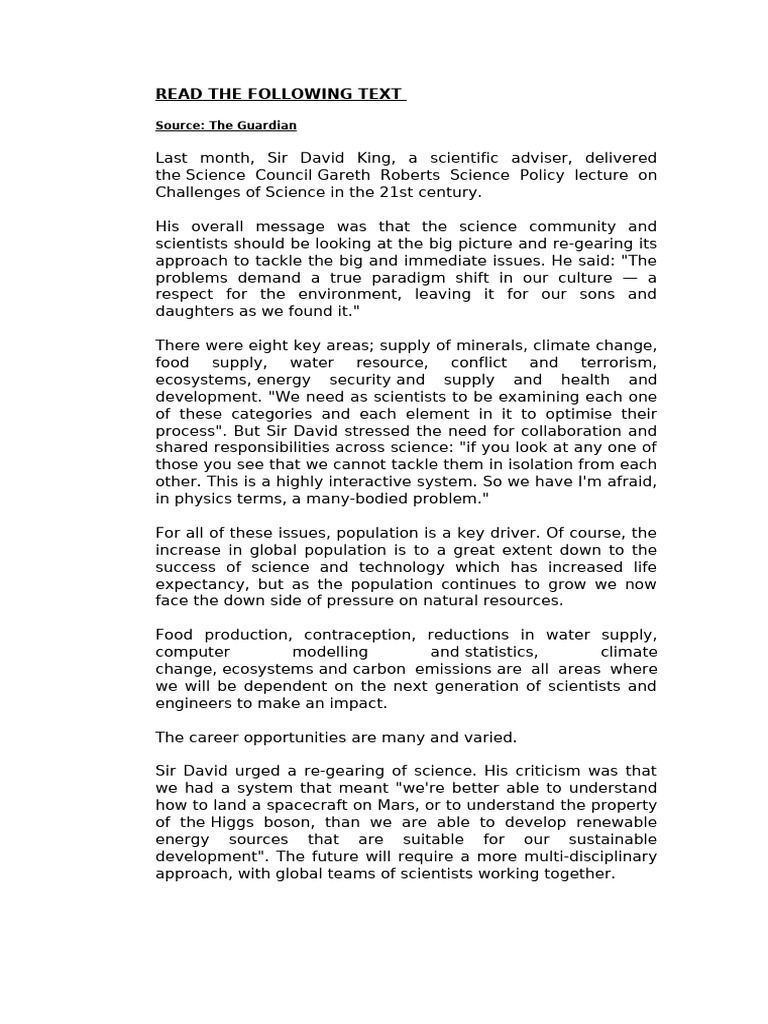 Challenges of Science in The 21st Century | PDF