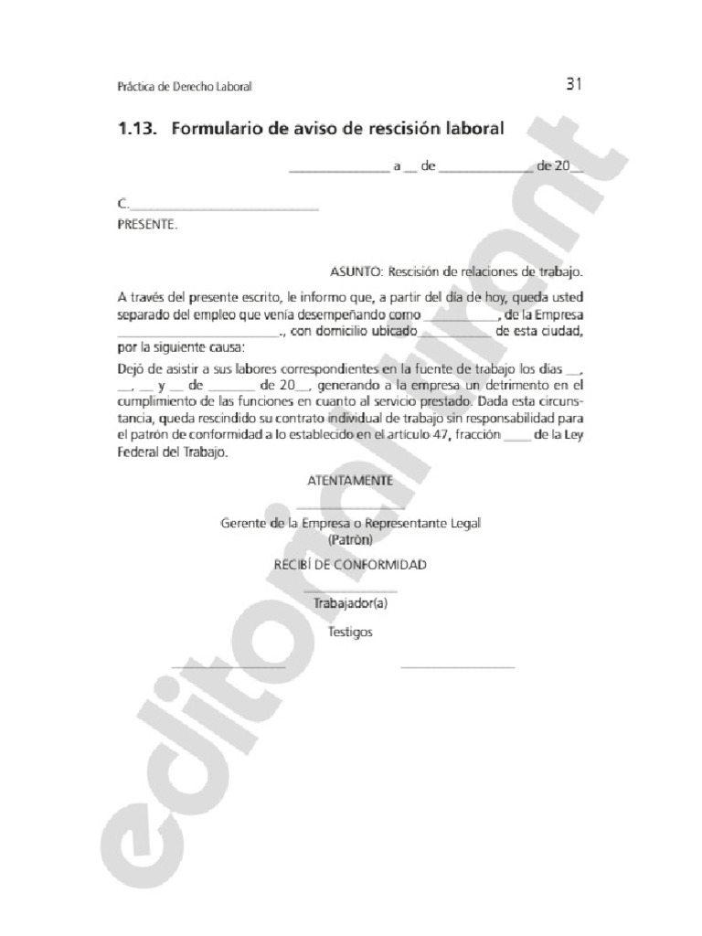 Formulario de Rescisión Laboral. | PDF