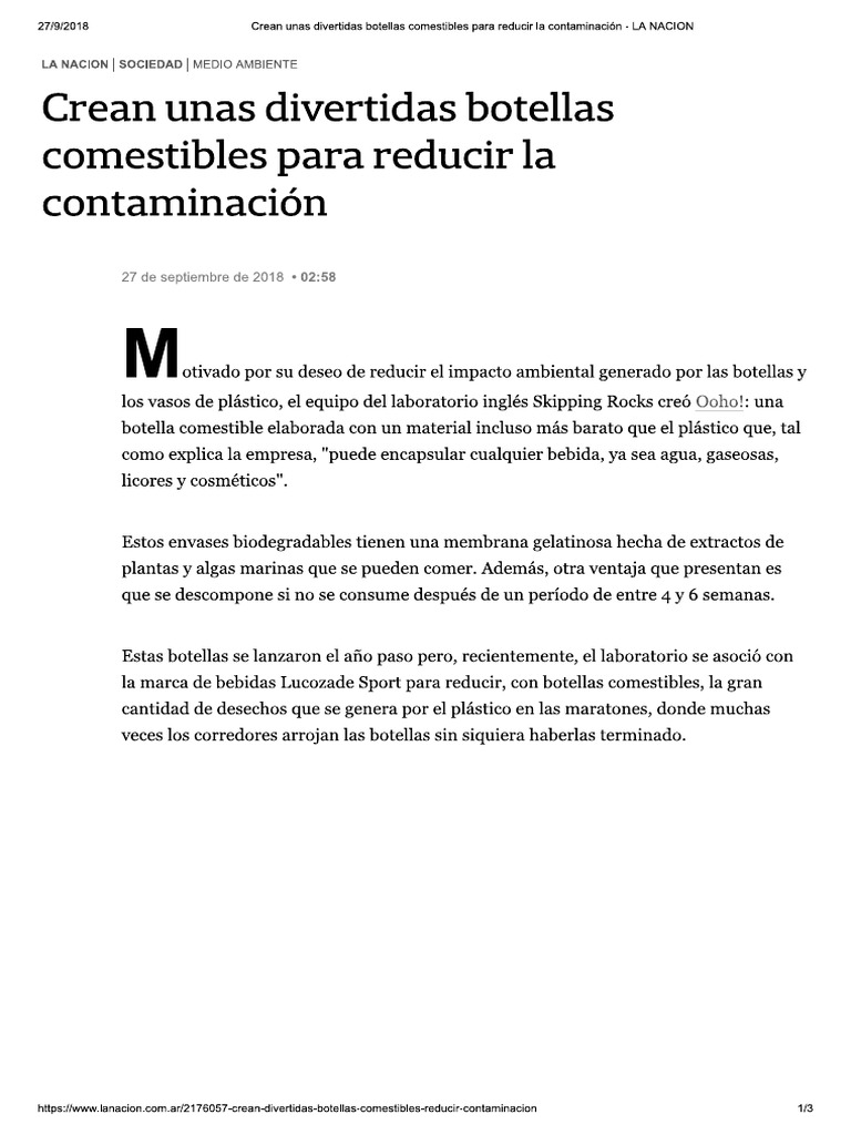 Botellas Comestibles para Bebidas | PDF