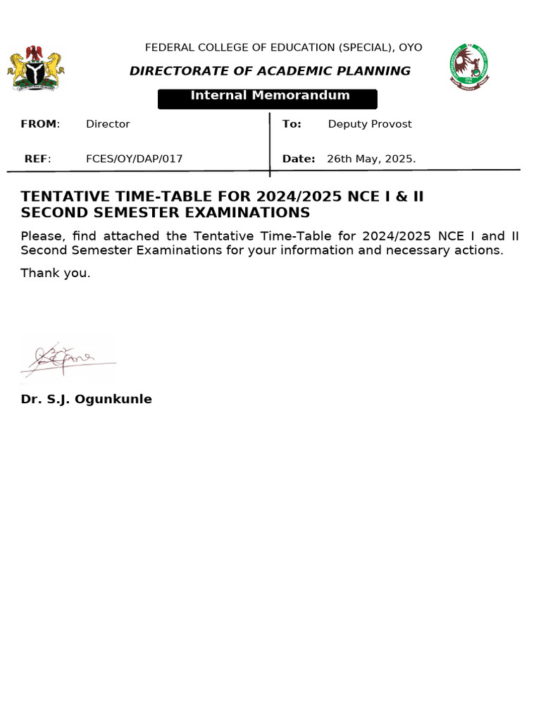 Tentative Time Table For 2024 2025 NCEI N II Second Semester ...