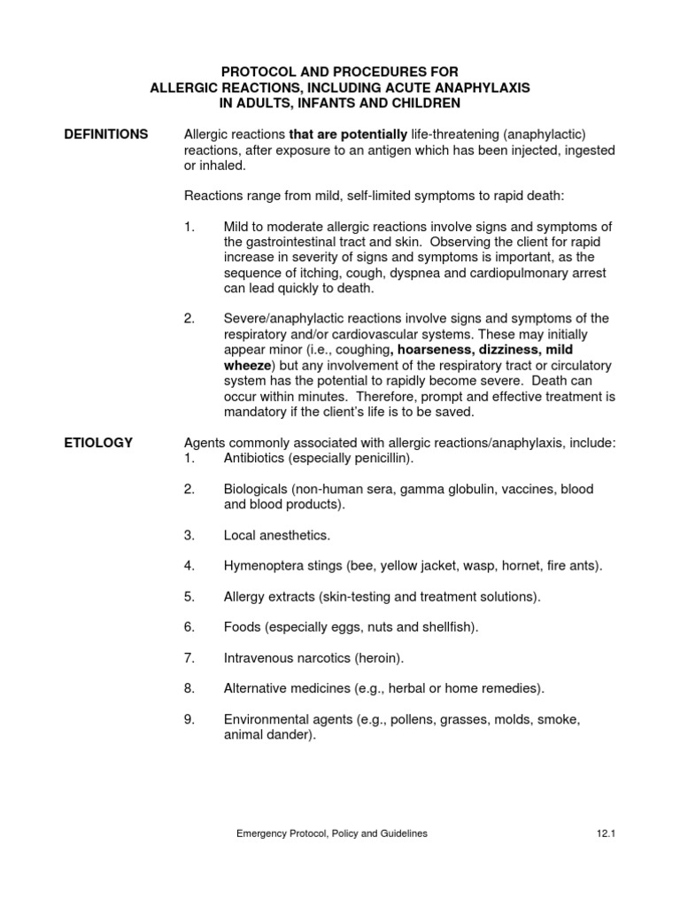 12.0 Emergency Protocol Allergic Reactions | Allergy | Health Sciences