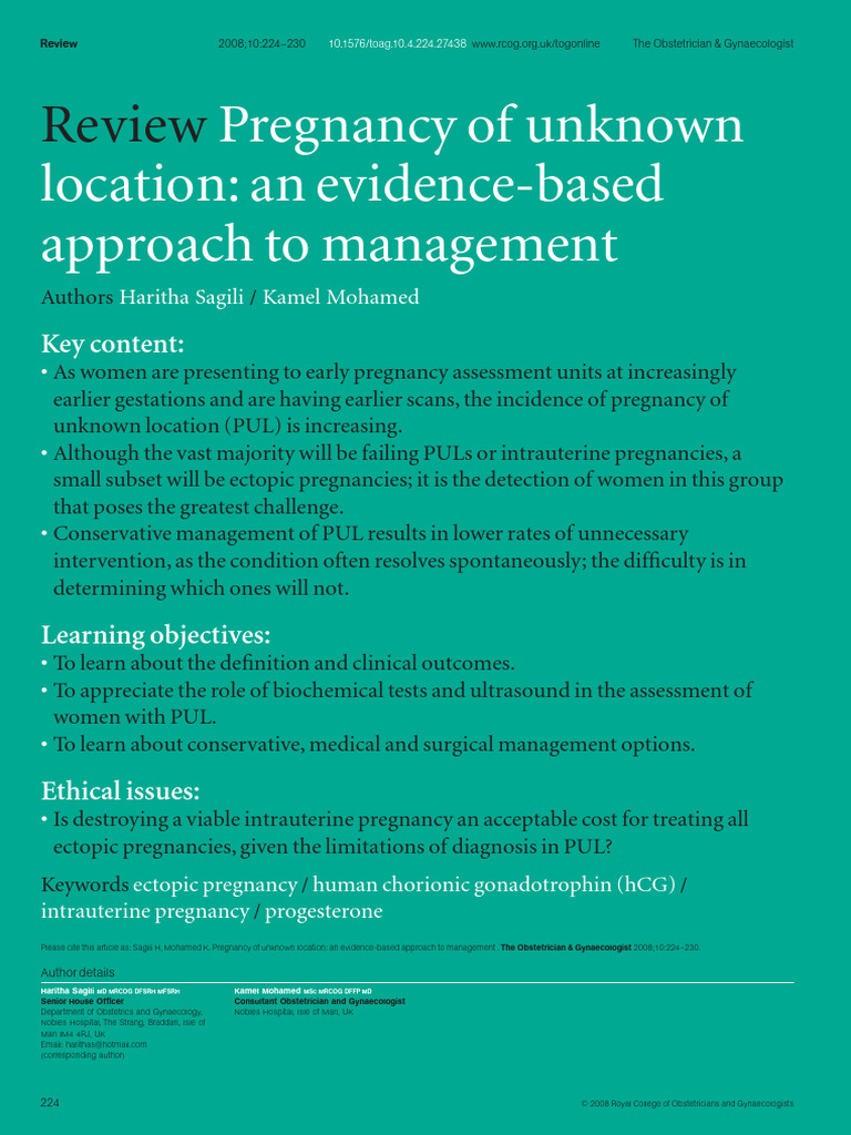 Management of Pregnancy of Unknown Location | PDF | Human Chorionic ...