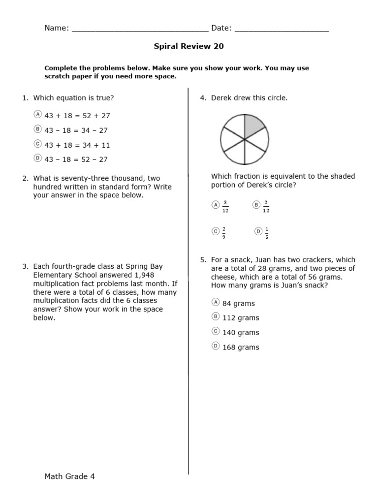 Grade 4 Math Spiral Review Worksheet | PDF