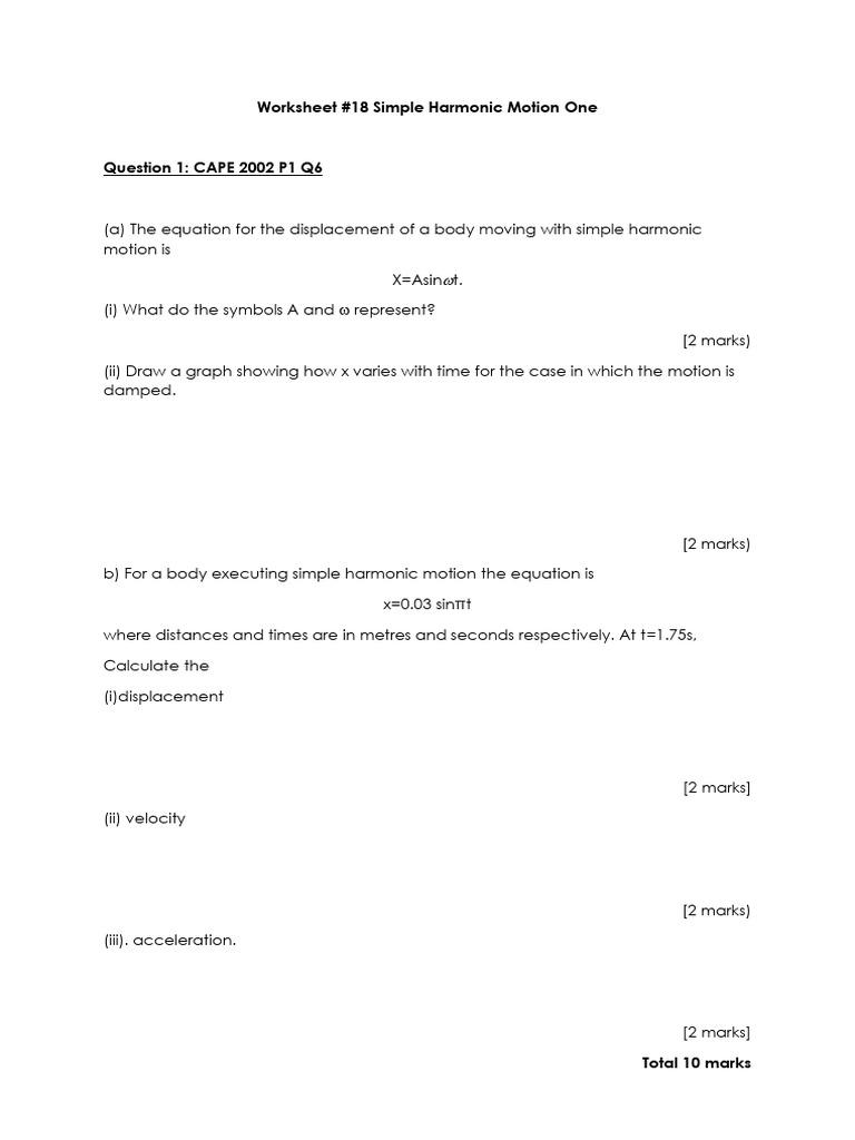 Worksheet 18 Simple Harmonic Motion 1 22 | PDF | Oscillation | Quantity