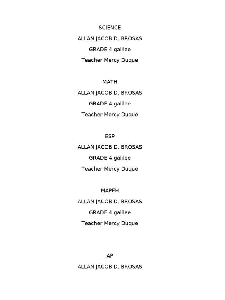 Allan Jacob D Subjects | PDF