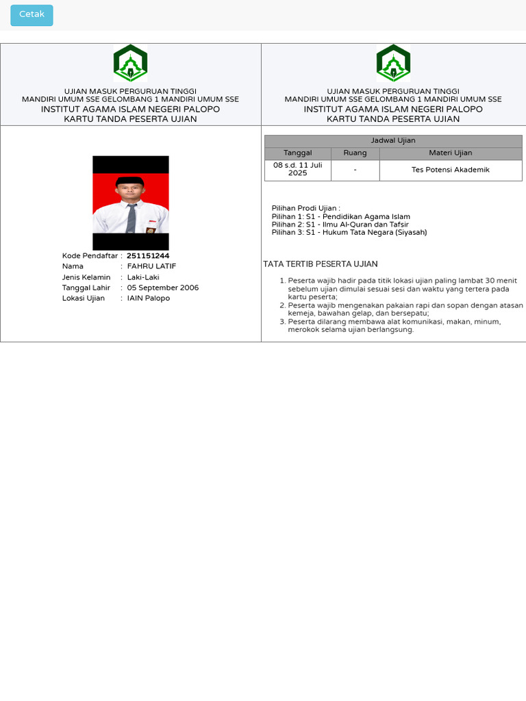 Ujian Masuk IAIN Palopo 2025 | PDF