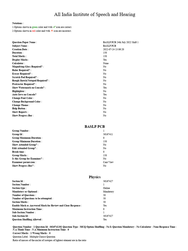 AIISH BASLP Entrance Exam Question Paper PDF Download 2022 PCB | PDF ...