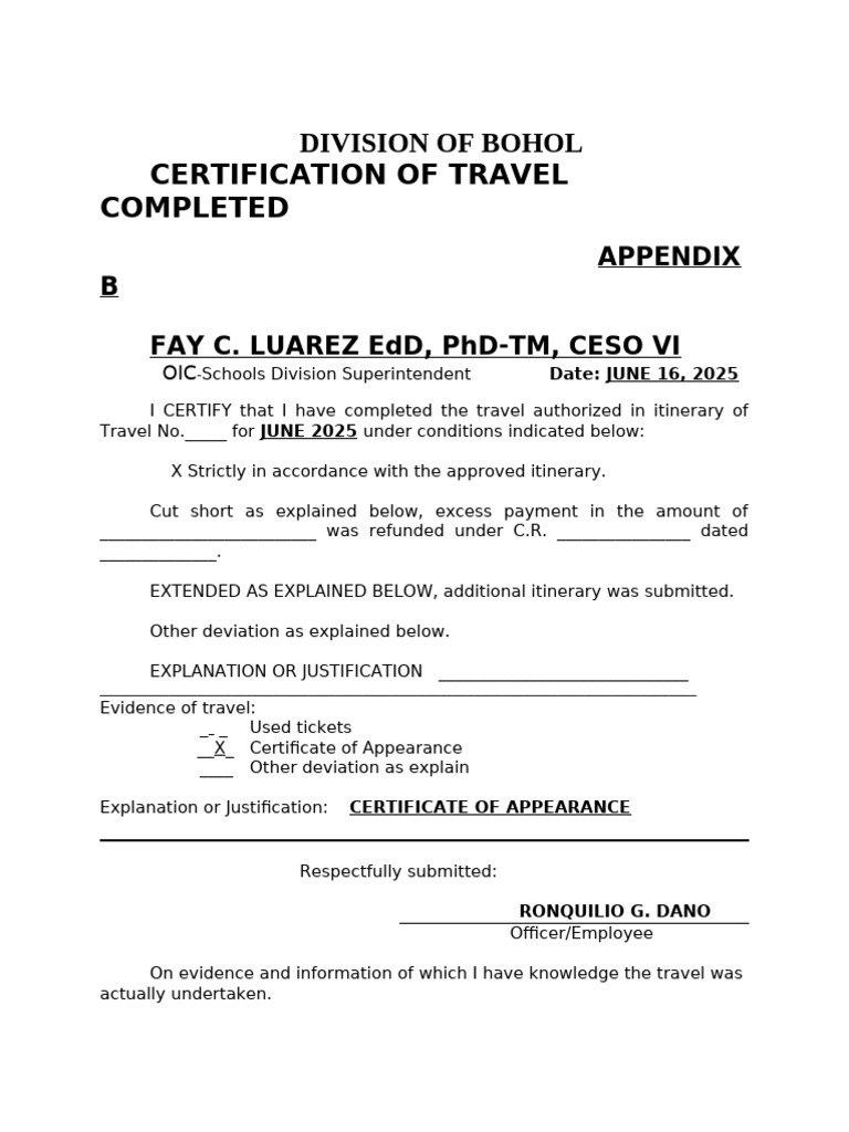 Appendix B-Certification of Travel | PDF
