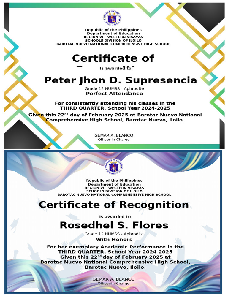 3rd Quarter Certificate SY 2024 2025 | PDF