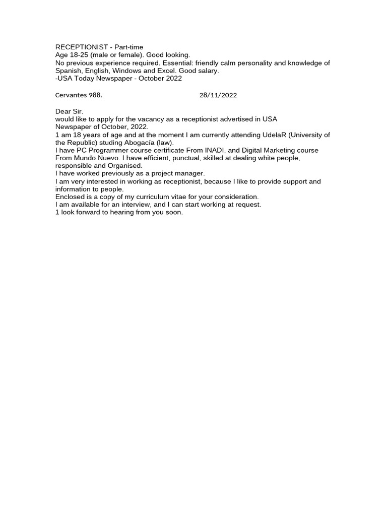 Application for Part-time Receptionist | PDF