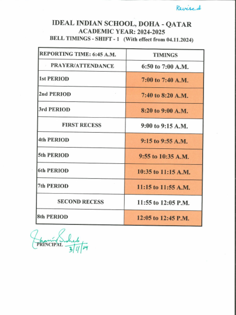Revised Bell Timing With Effect From 04-11-2024 | PDF
